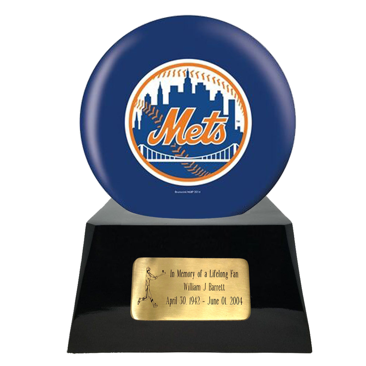 Baseball Cremation Urn and New York Mets Ball Decor with Custom Metal ...